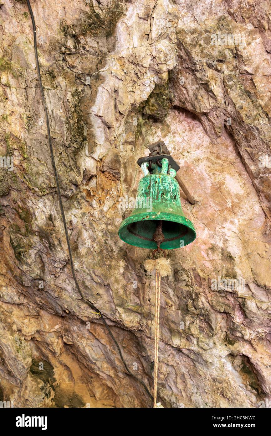 Agia Sofia chapel bell in the entrance of a cave in Kythira island ...