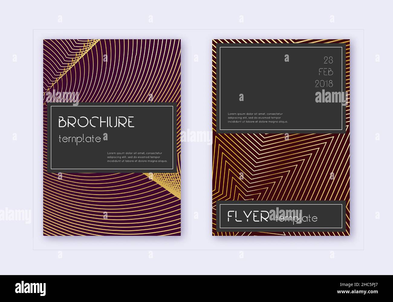 Black cover design template set. Gold abstract lines on maroon ...
