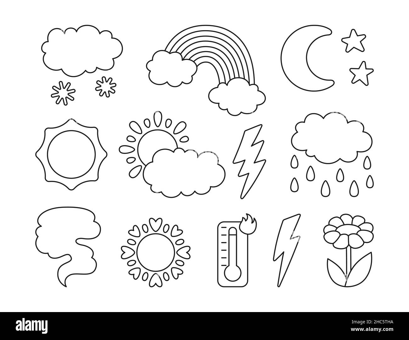 Weather line icon set, sun and clouds, rain snow, lightning, moon and ...
