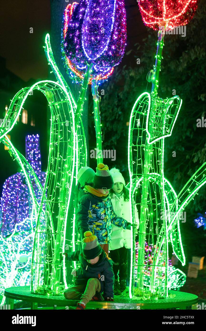 Vertical closeup of Kids standing on a decorative flower with lights in ...