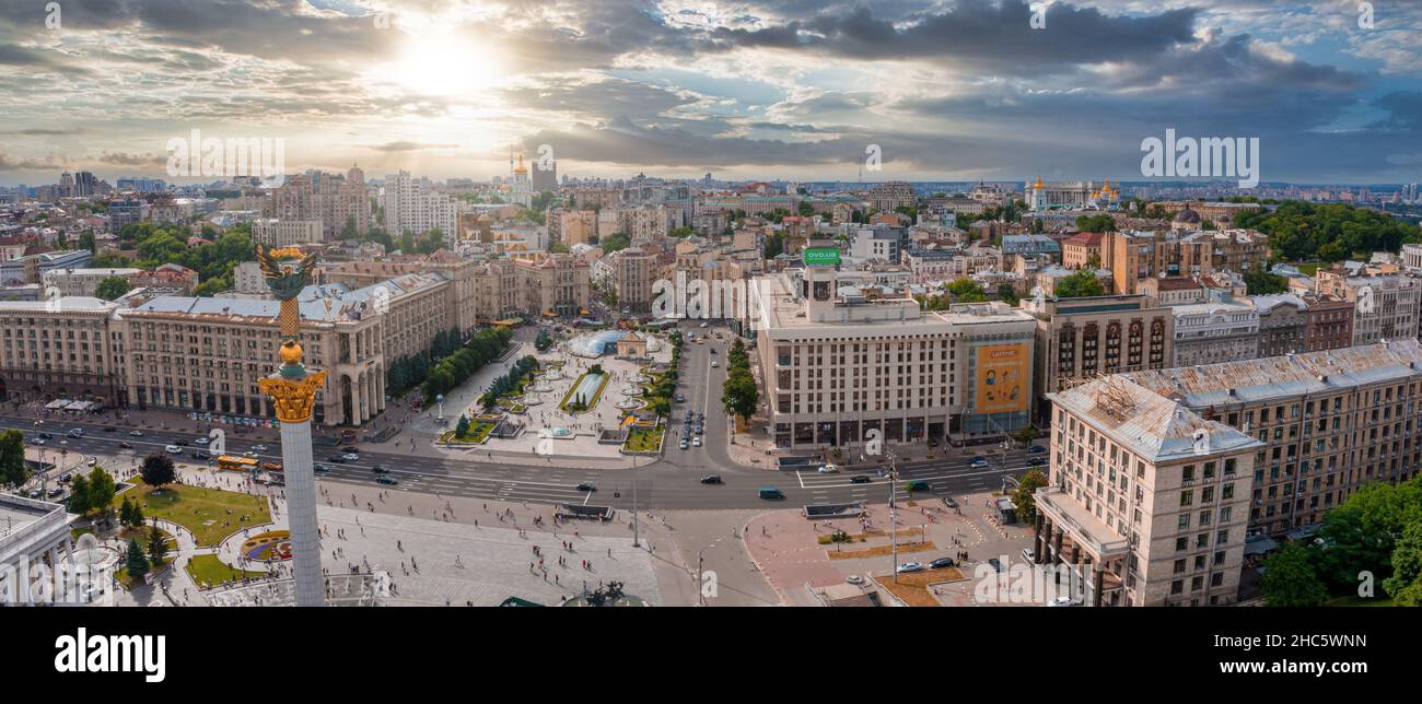 Aerial view of the Kyiv Ukraine above Maidan Nezalezhnosti Independence ...