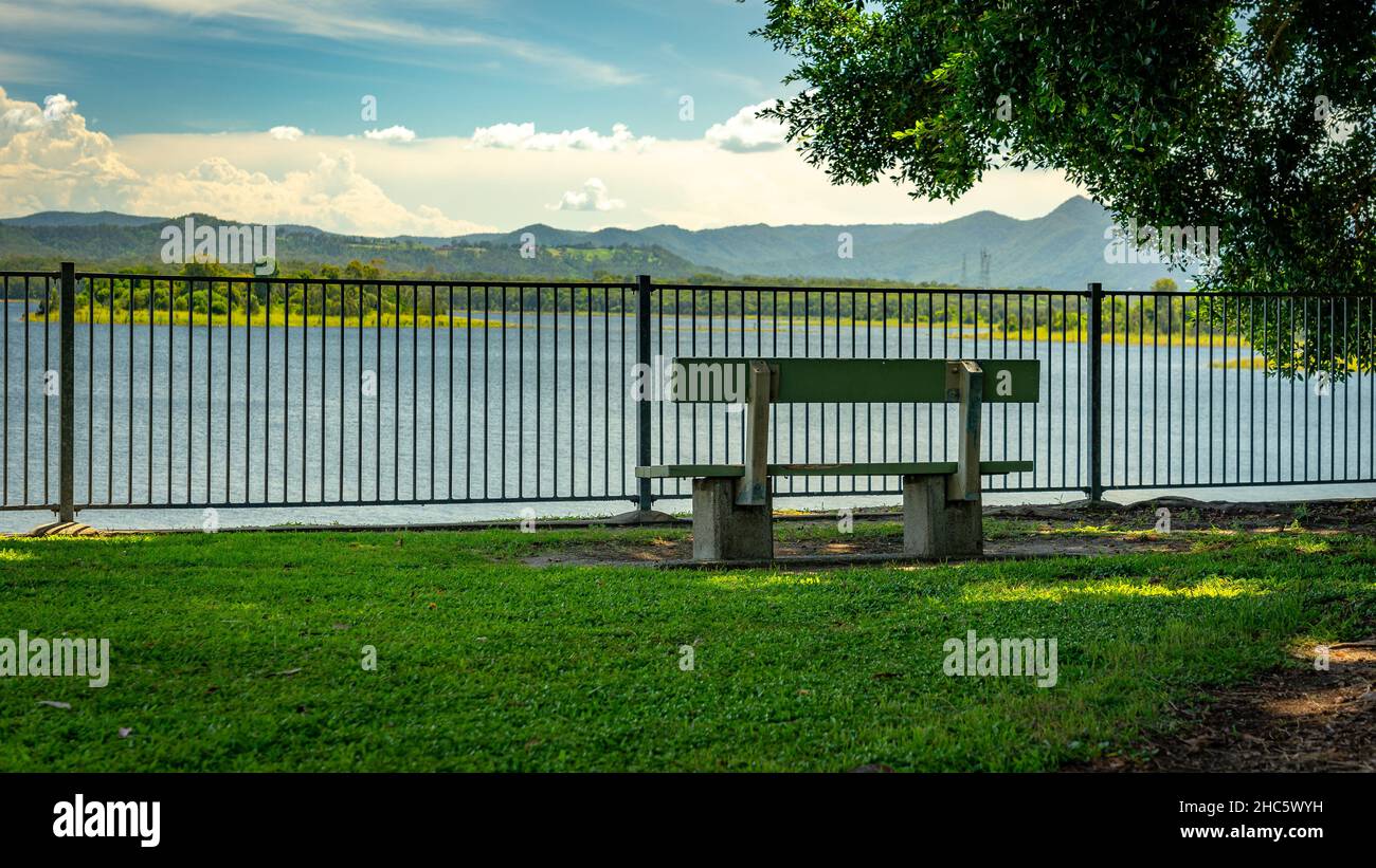 Bench overlooking the lake Samsonvale near North Pine Dam, Queensland ...