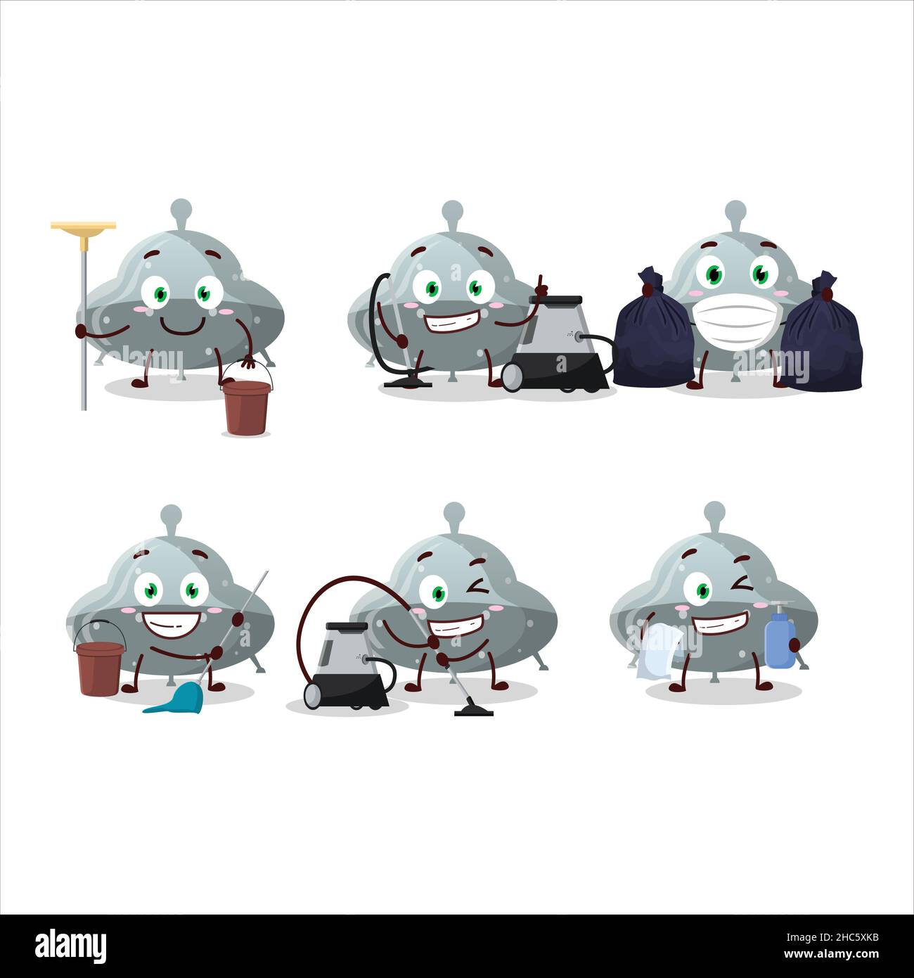 Cleaning service UFO gray gummy candy cute cartoon character using mop ...