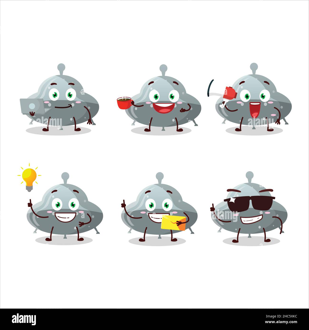 UFO gray gummy candy cartoon character with various types of business ...