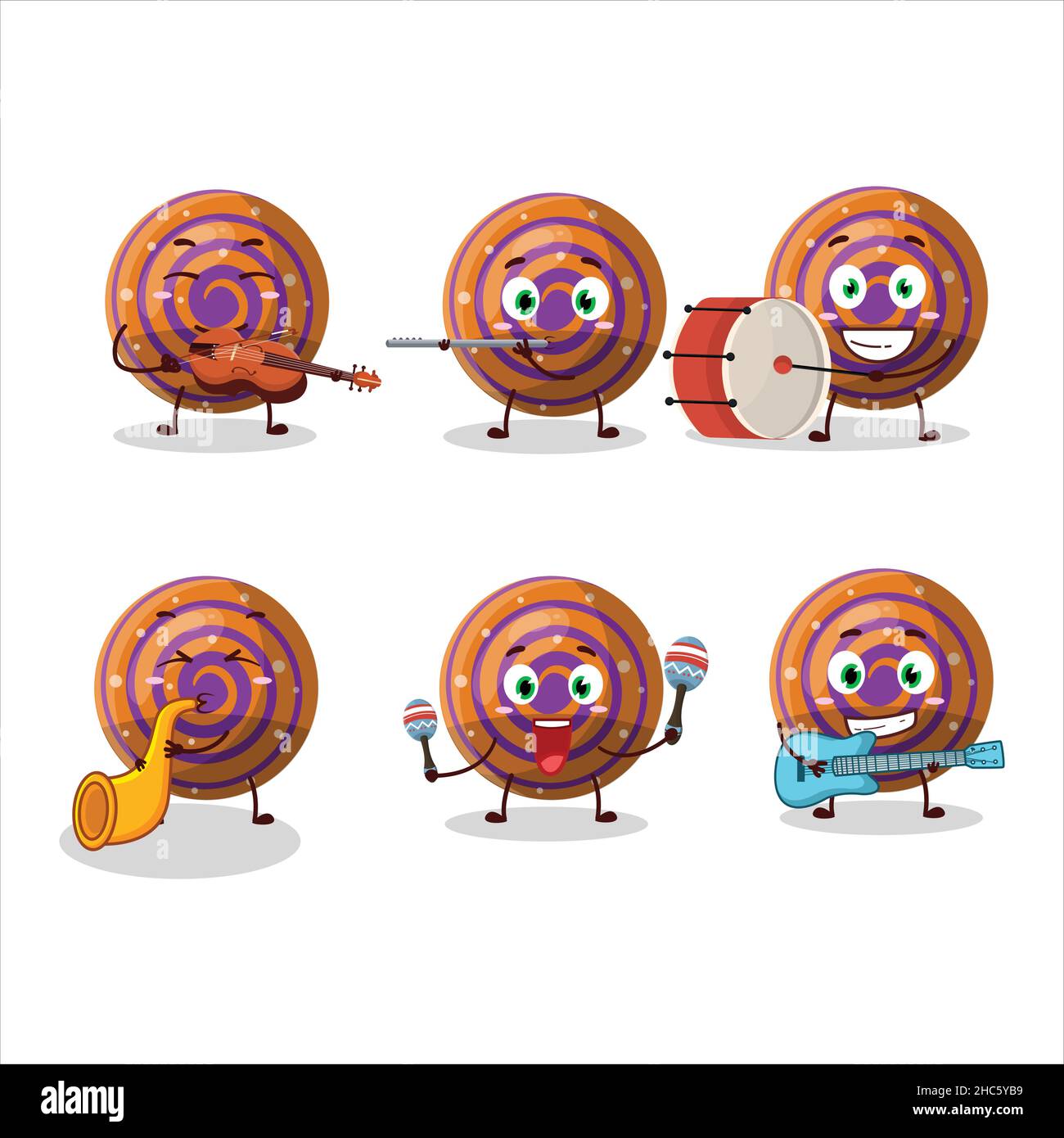 Cartoon character of orange spiral gummy candy playing some musical ...