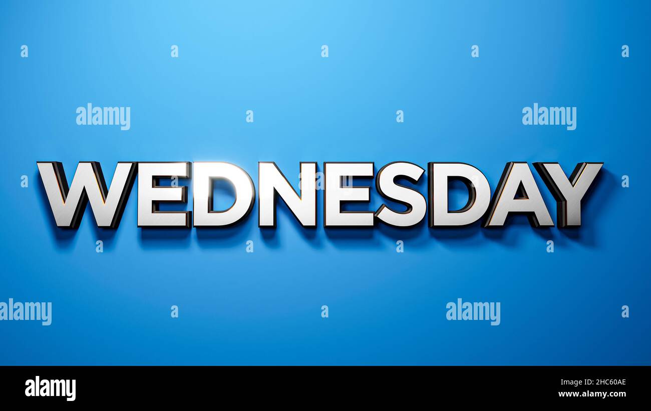 Wednesday 3d typography brushed Metal chrome letter on blue background ...