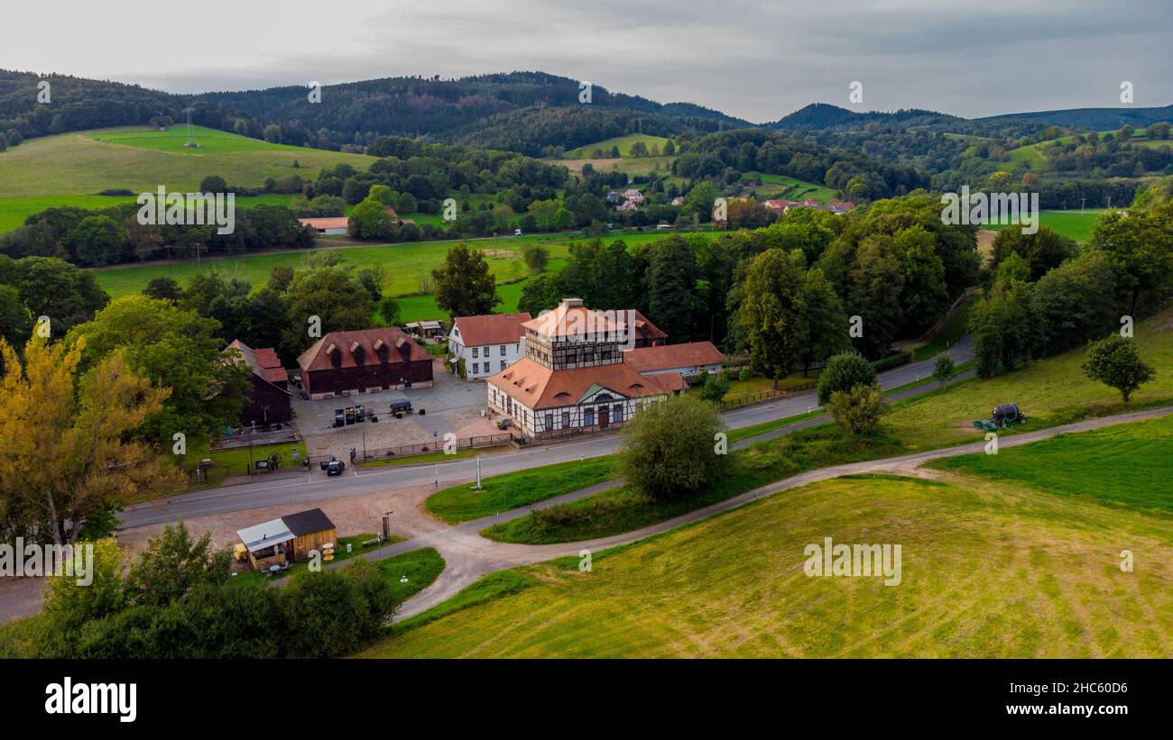 Aerial shot of day in the beautiful half-timbered town of Schmalkalden ...