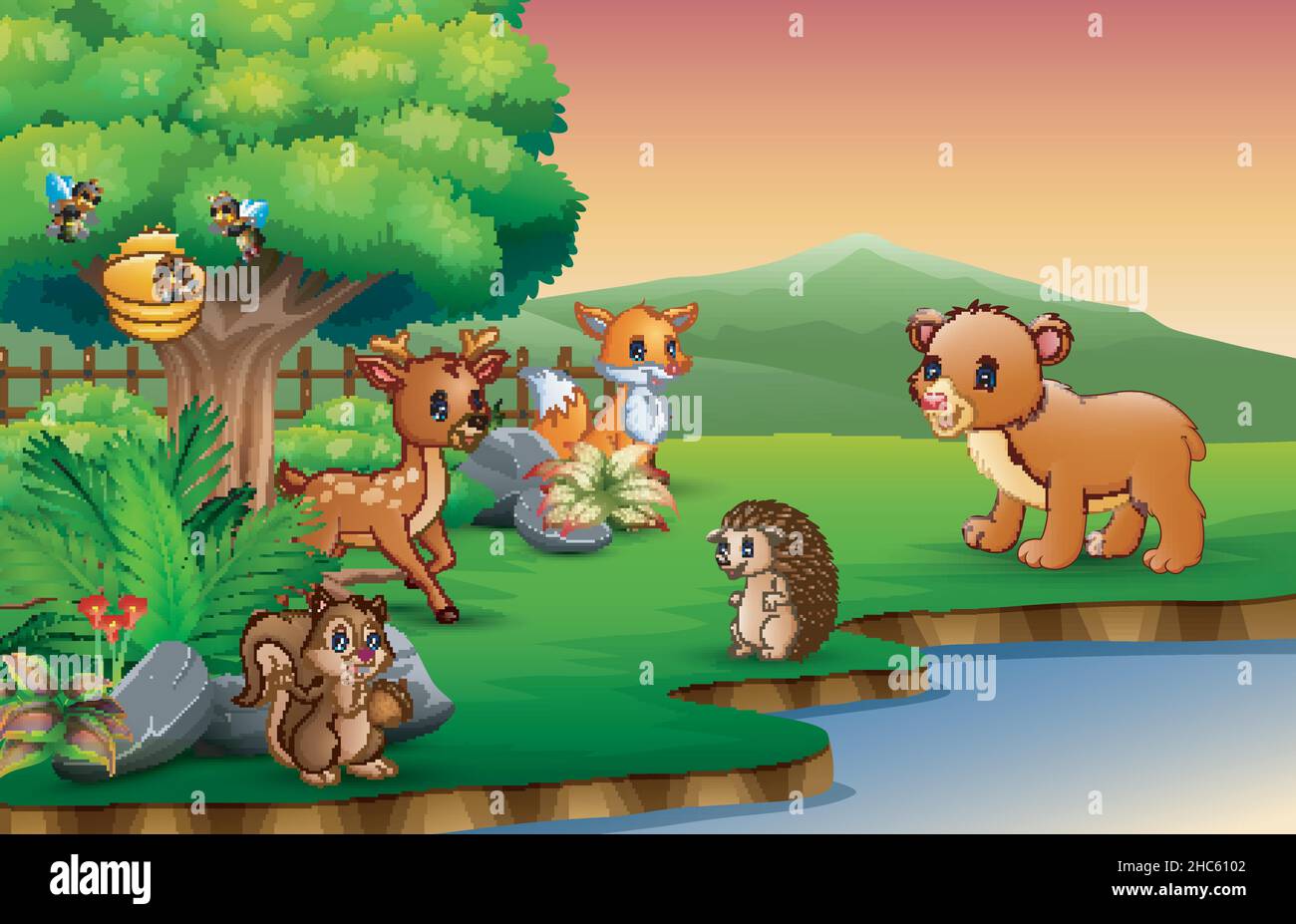 The animals cartoon are enjoying nature by the river Stock Vector Image ...