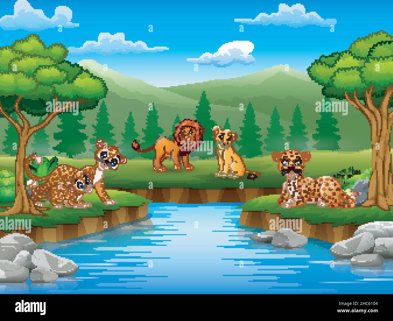 Animals cartoon are enjoying nature by the river Stock Vector Image ...