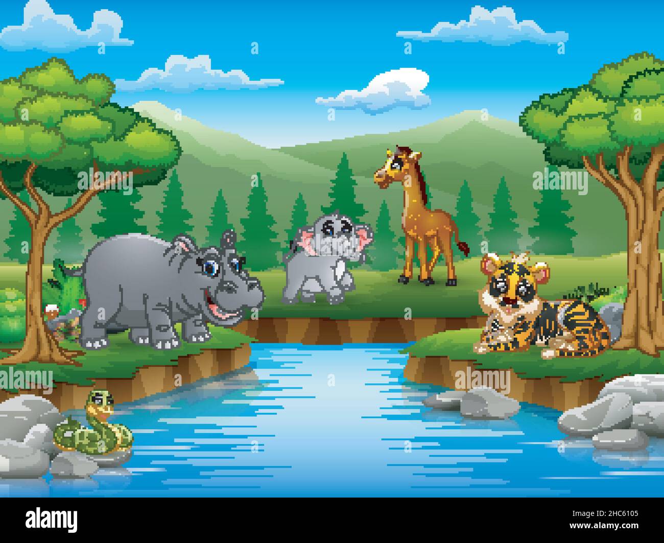 Animals cartoon are enjoying nature by the river Stock Vector Image ...