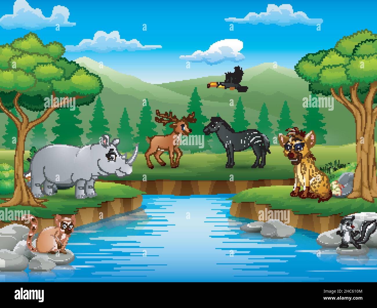 Animals cartoon are enjoying nature by the river Stock Vector Image ...