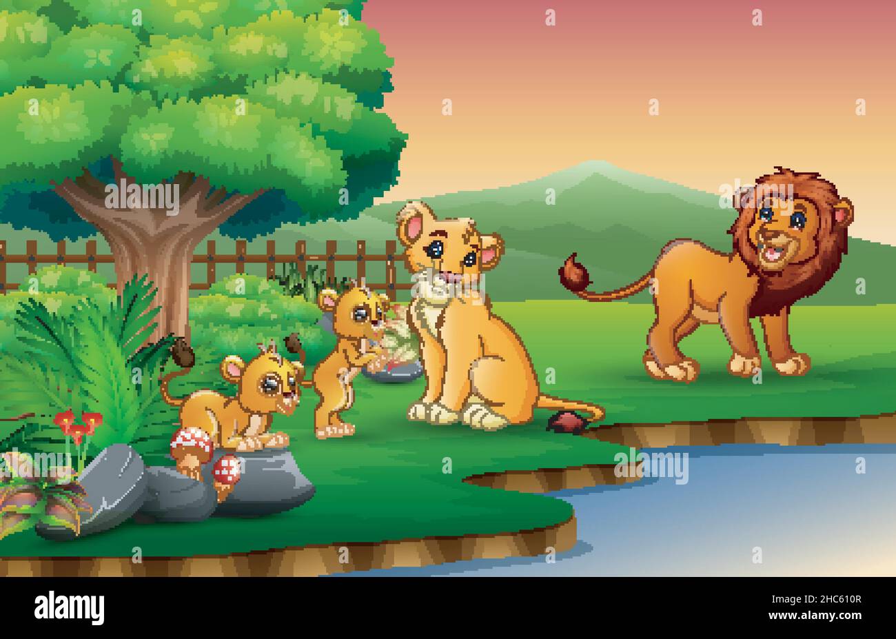 Lion family cartoon are enjoying nature by the river Stock Vector Image ...