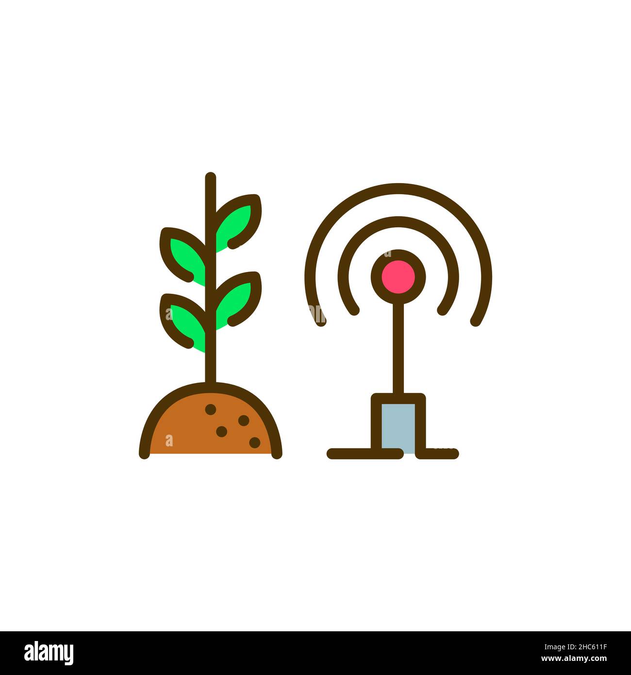 Smart farming sensor next to a growing plant. Wireless connection based ...