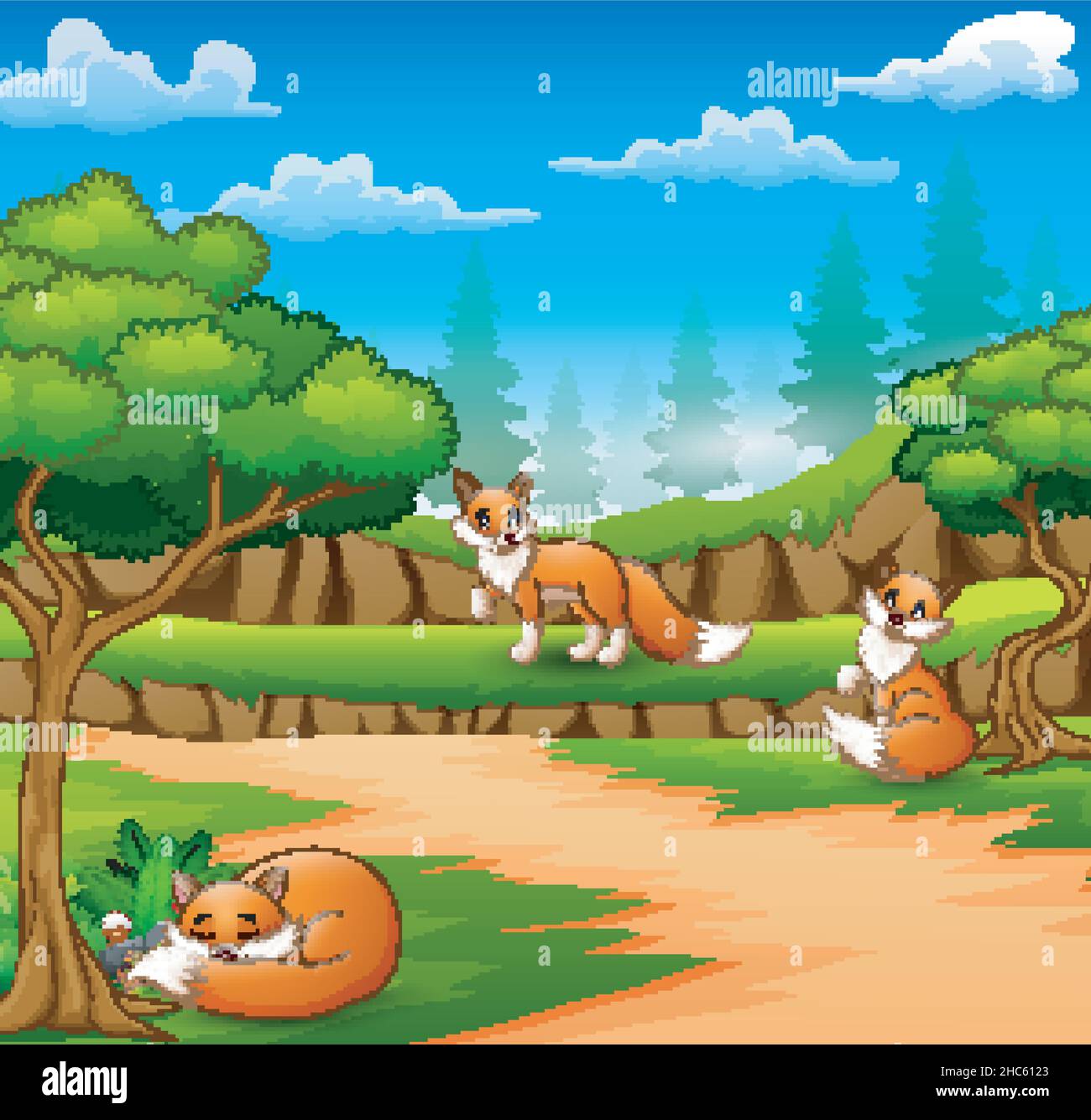 Happy three fox cartoon on nature scene Stock Vector Image & Art - Alamy