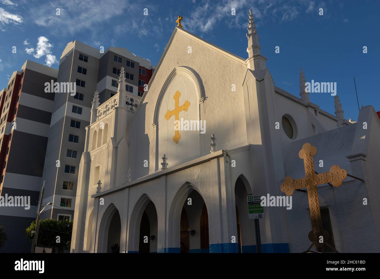 Facade of the Apostolic Mission Christ Church of Miami at sunset Stock ...