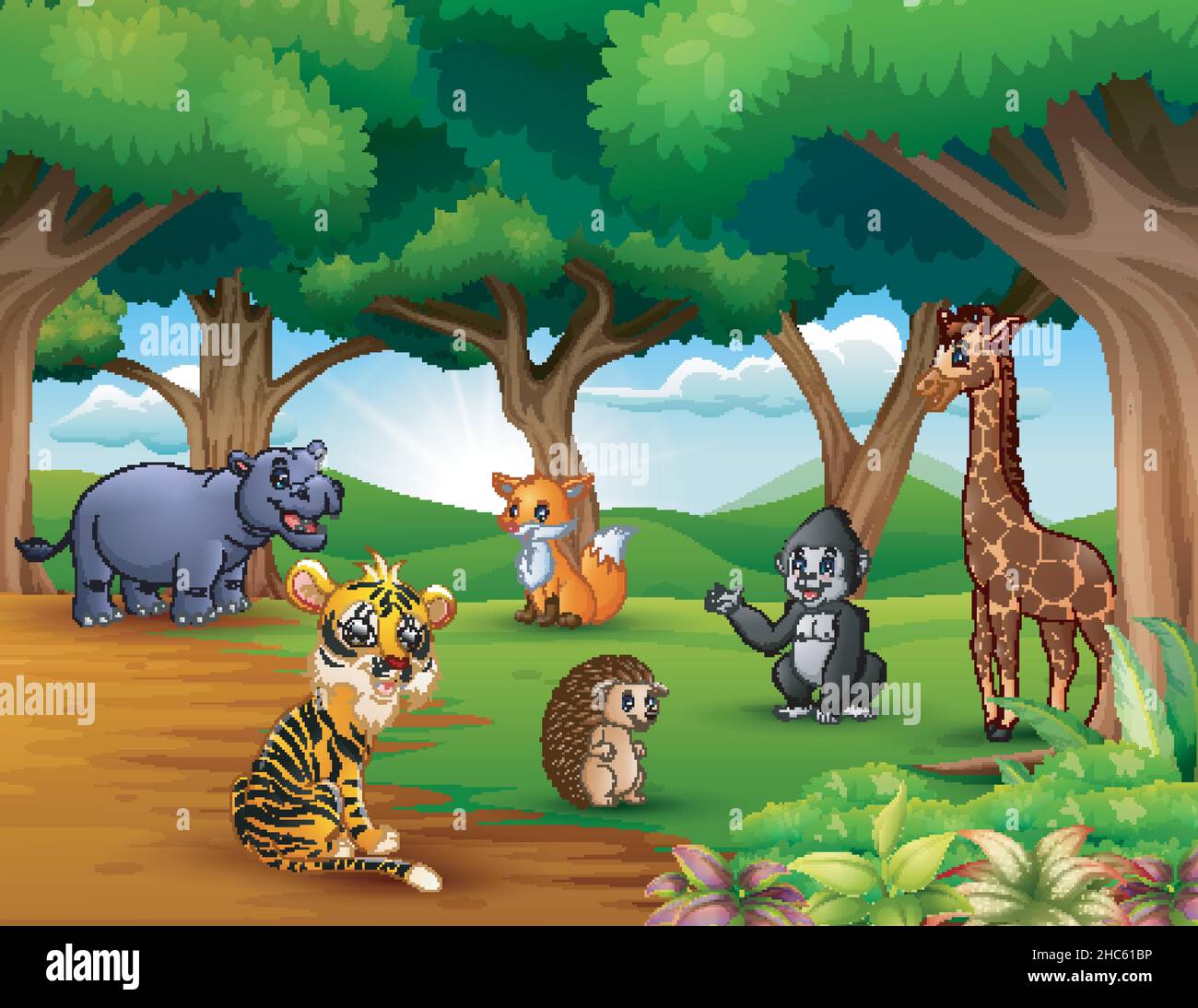Animals cartoon are enjoying nature in the jungle Stock Vector Image ...