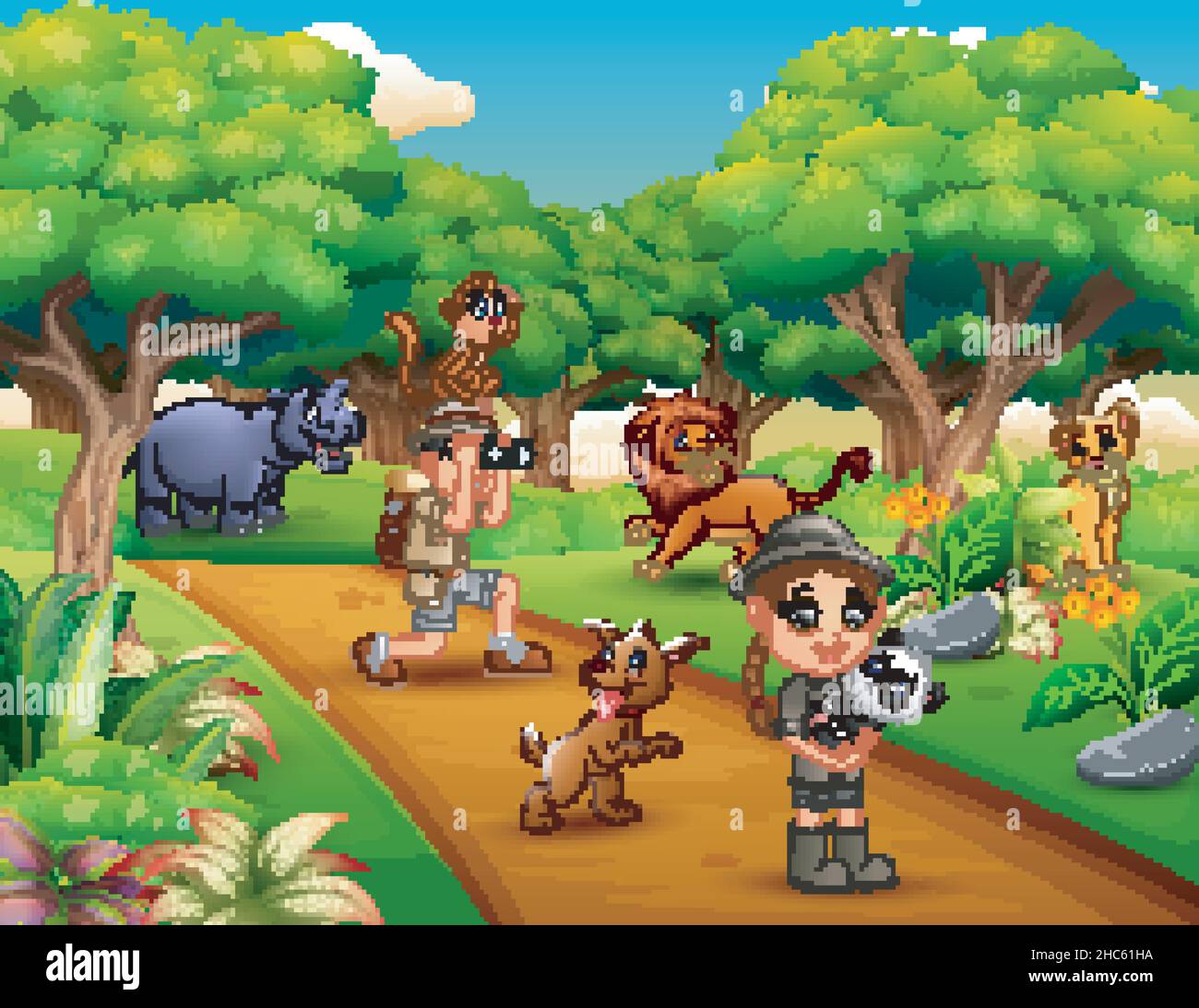 Zookeeper boy and girl with animals in the jungle Stock Vector Image ...