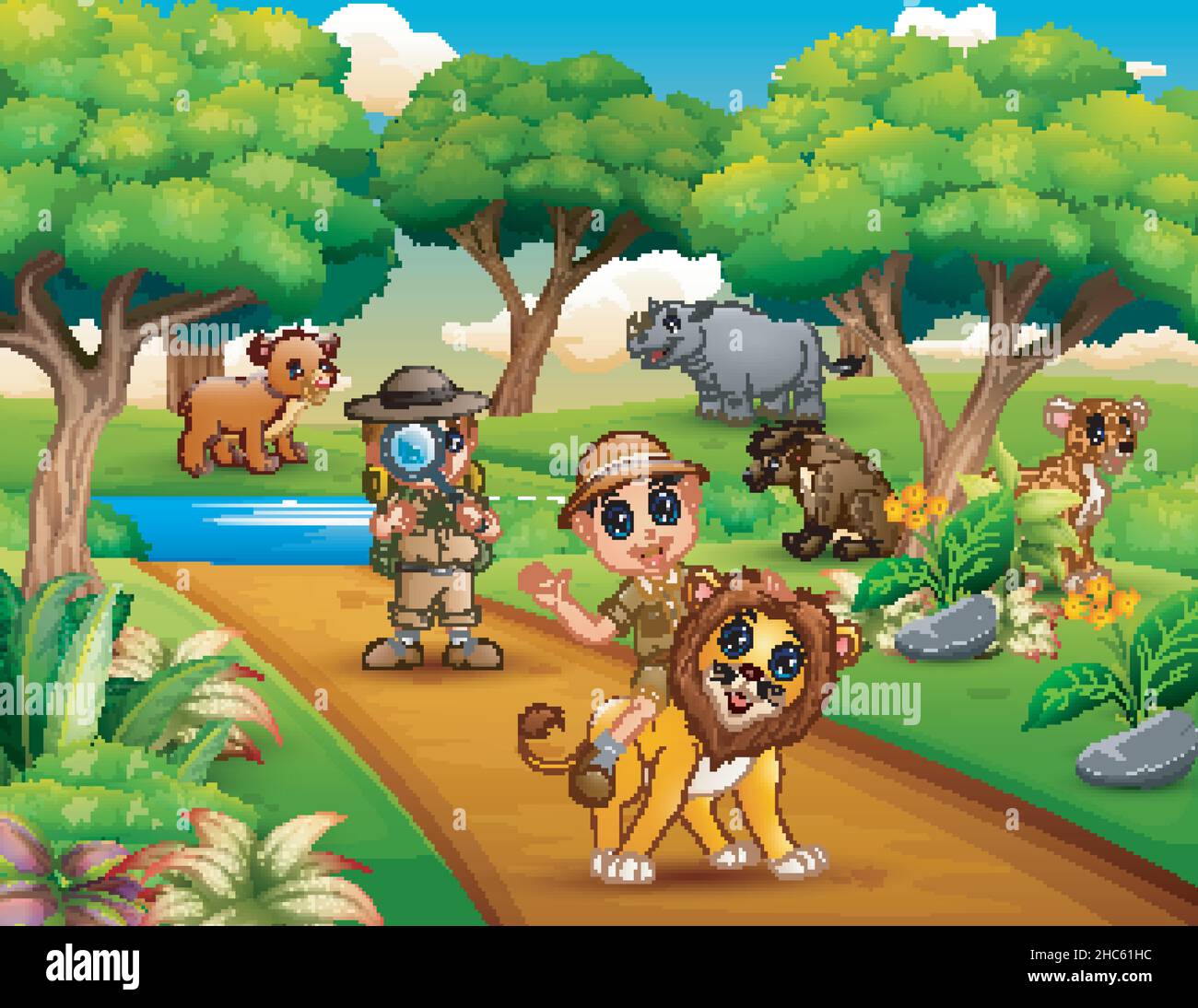 Cartoon of two boy explorer with animals in the jungle Stock Vector ...