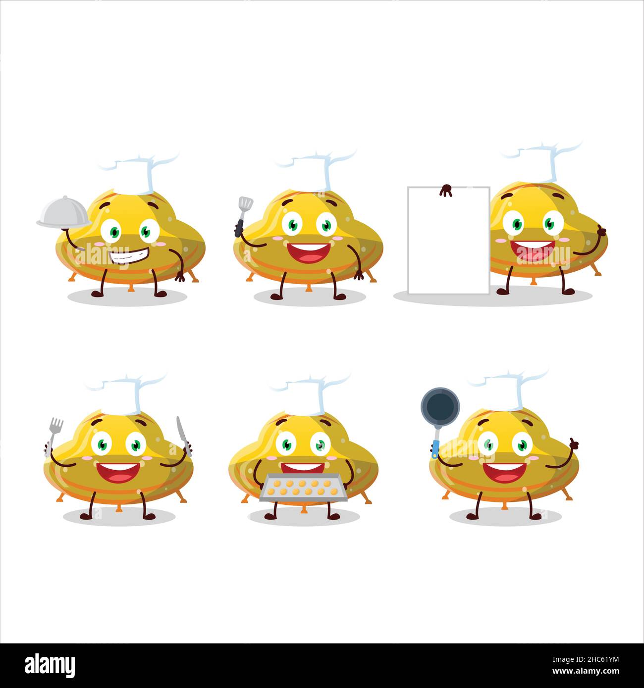 Cartoon character of UFO yellow gummy candy with various chef emoticons ...