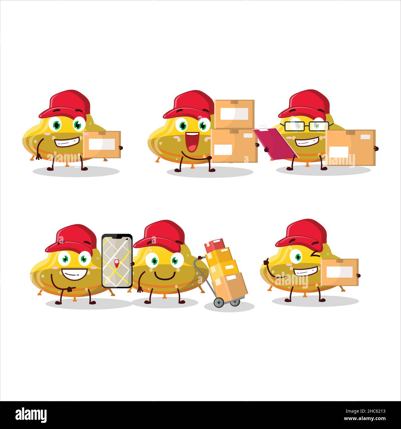 Cartoon character design of UFO yellow gummy candy working as a courier ...