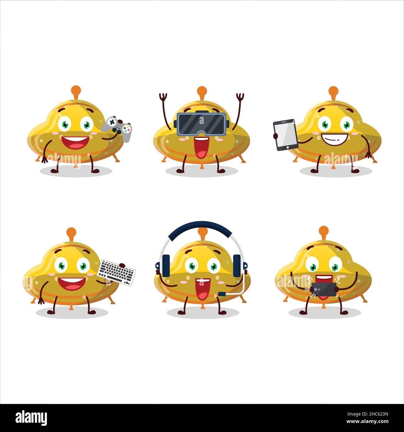 UFO yellow gummy candy cartoon character are playing games with various ...