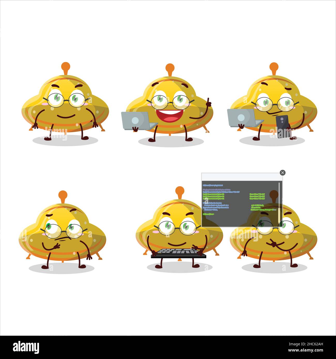 UFO yellow gummy candy Programmer cute cartoon character with. Vector ...