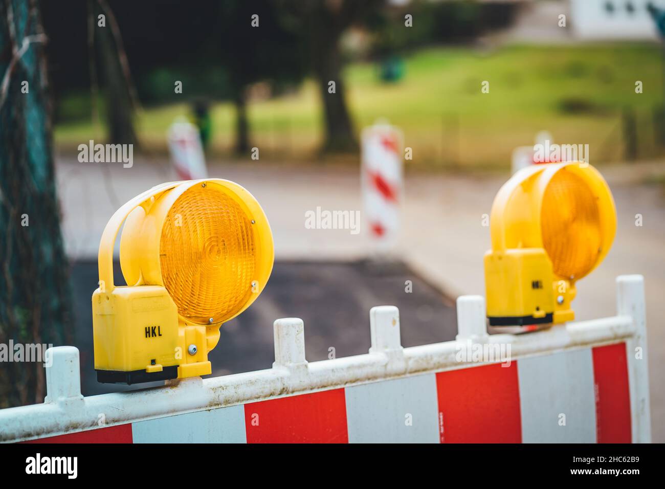 Selective focus shot of traffic management barriers in front of a ...
