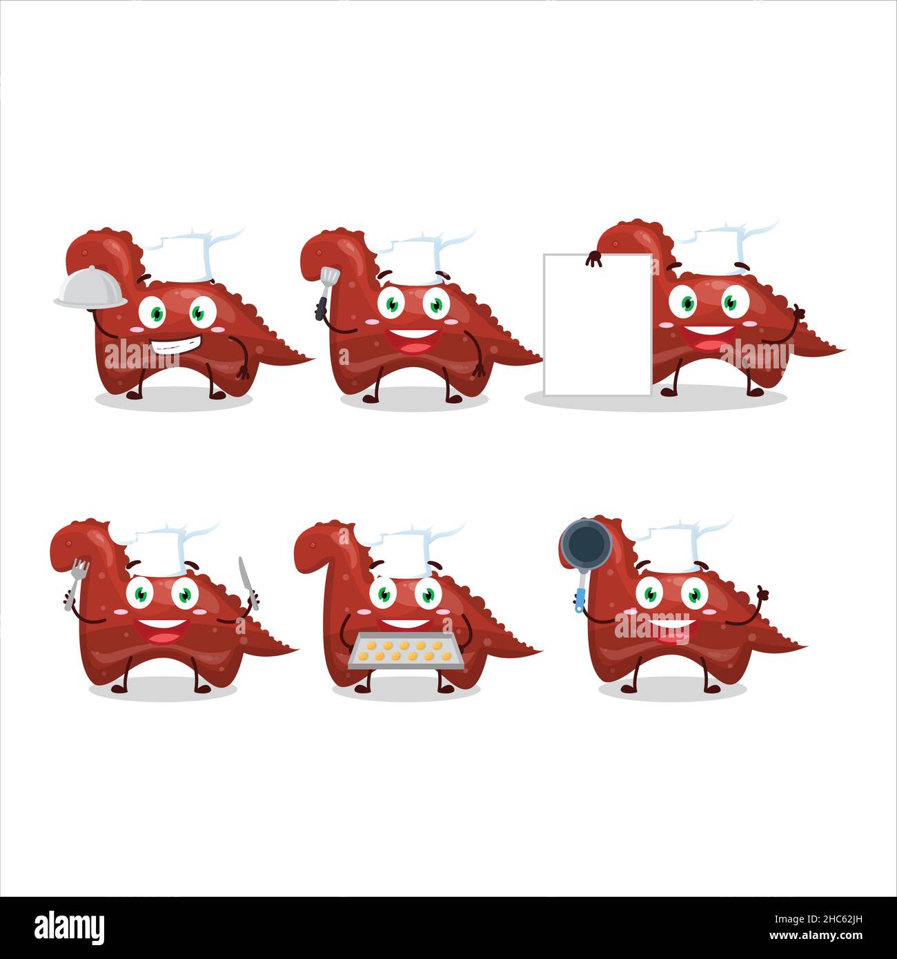 Cartoon character of red dinosaur gummy candy with various chef ...