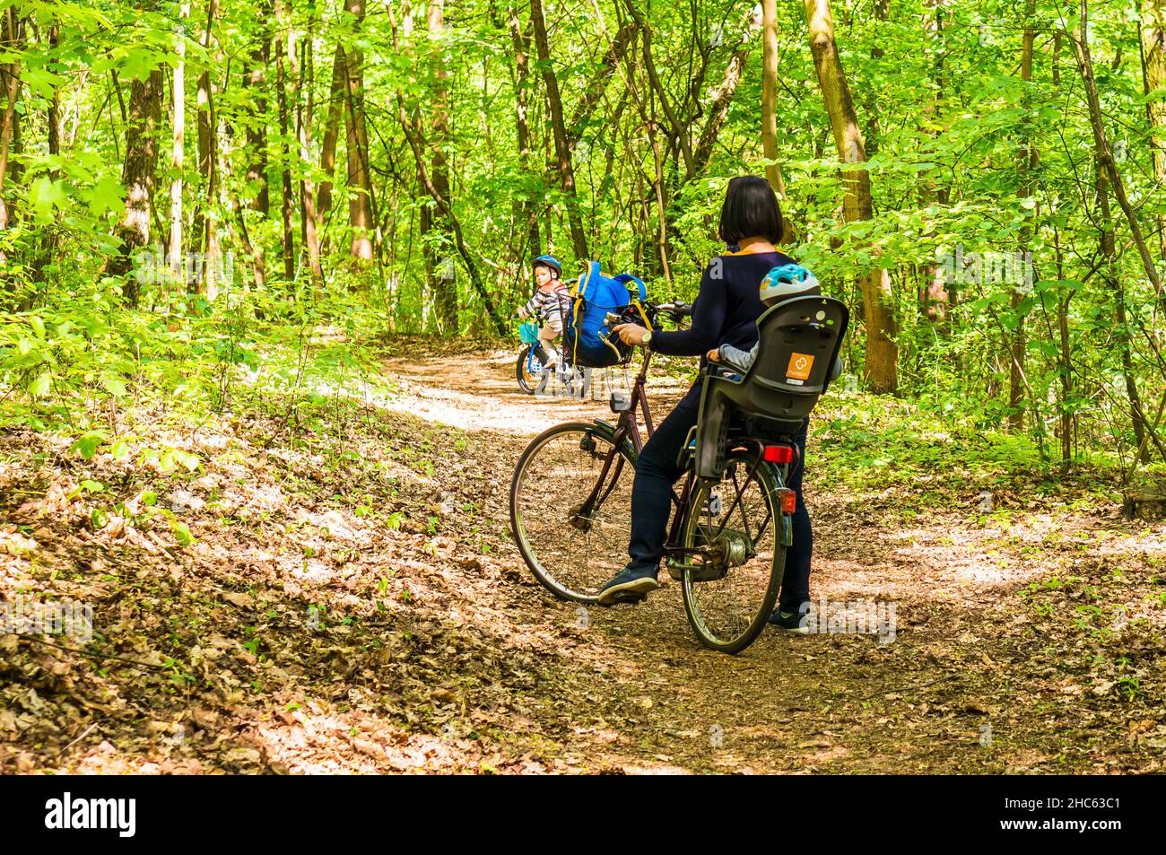 Woman riding a bicycle in the forest with a young child in a safety ...