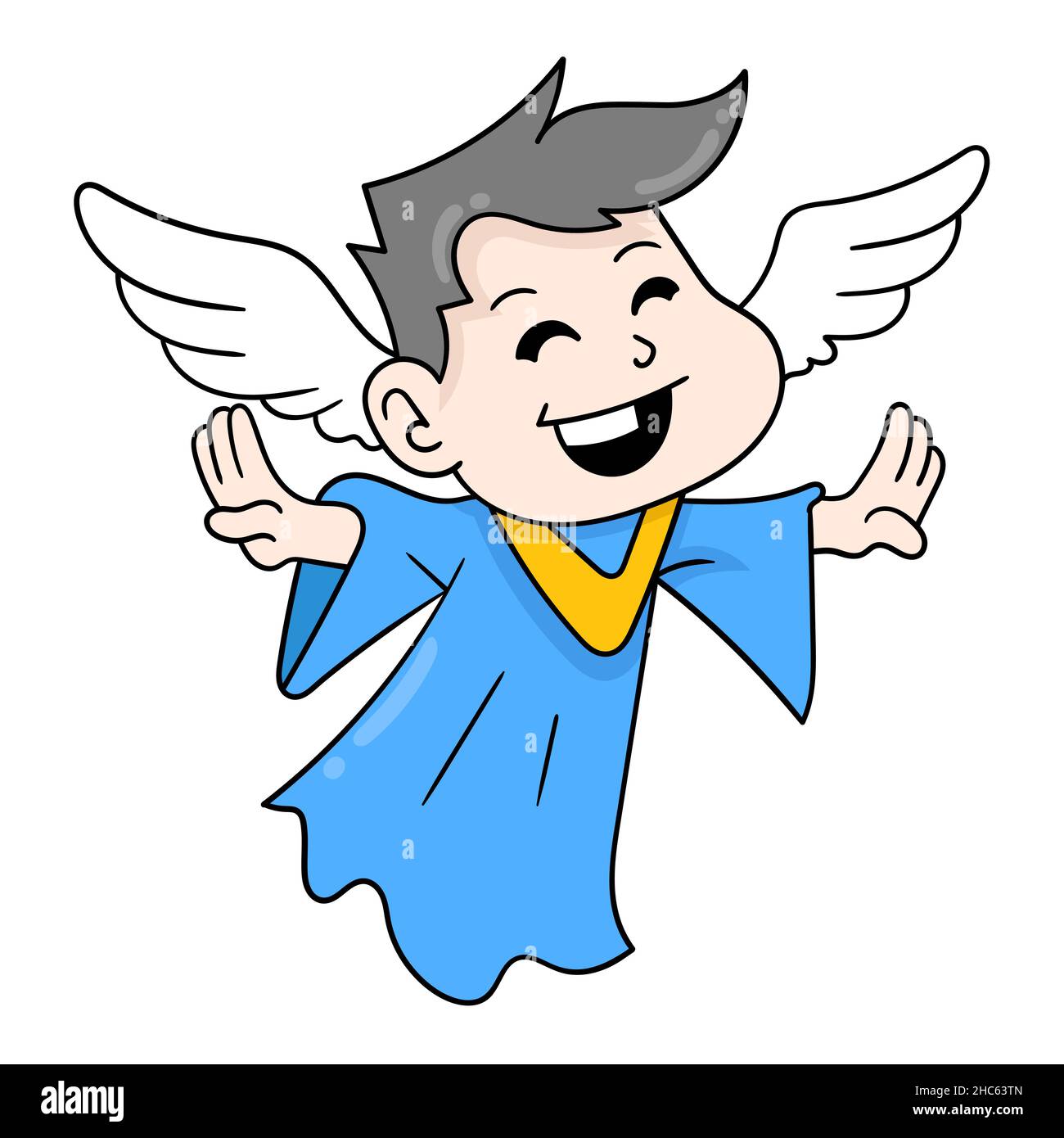 winged male angel flying into the sky happy face, vector illustration ...