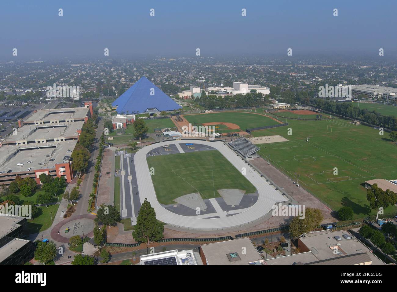 An aerial view of Jack Rose Track with Walter Pyramid in the background ...