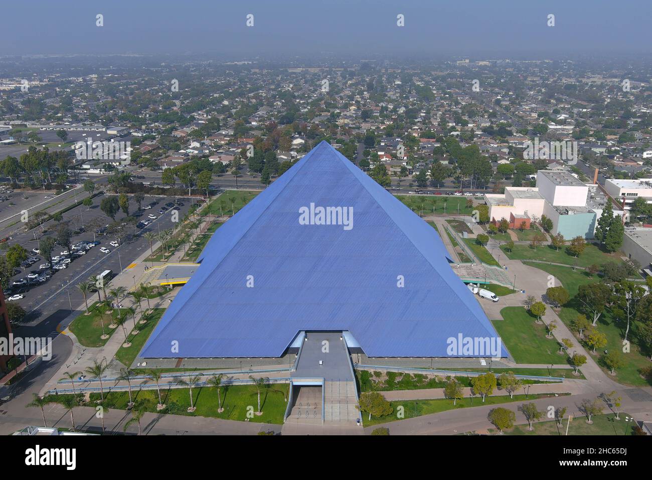 An aerial view of the Walter Pyramid on the campus of Long Beach State ...