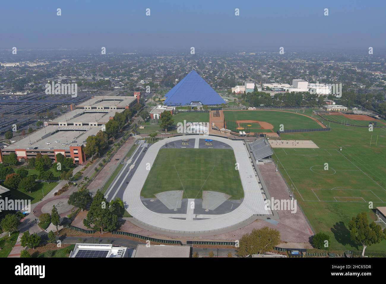 An aerial view of Jack Rose Track with Walter Pyramid in the background ...