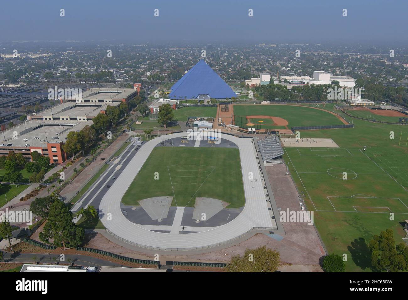 An aerial view of Jack Rose Track with Walter Pyramid in the background ...