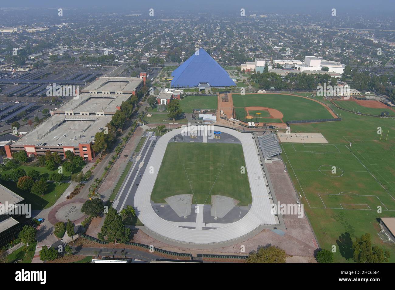 An aerial view of Jack Rose Track with Walter Pyramid in the background ...