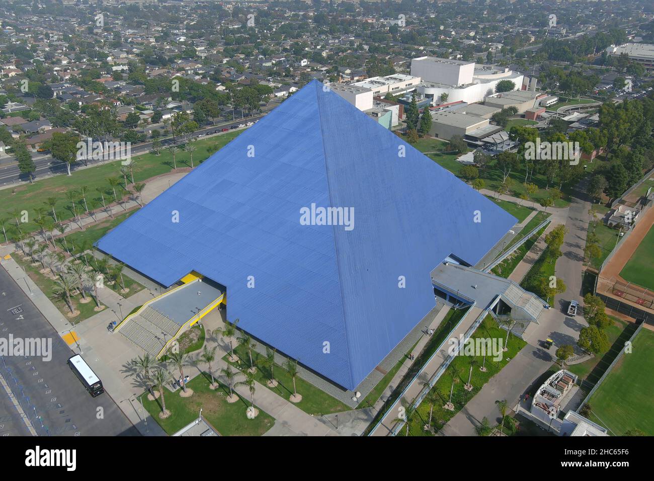 An aerial view of the Walter Pyramid on the campus of Long Beach State ...