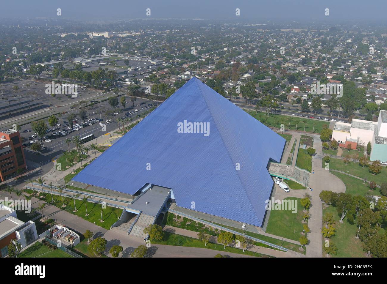 An aerial view of the Walter Pyramid on the campus of Long Beach State ...