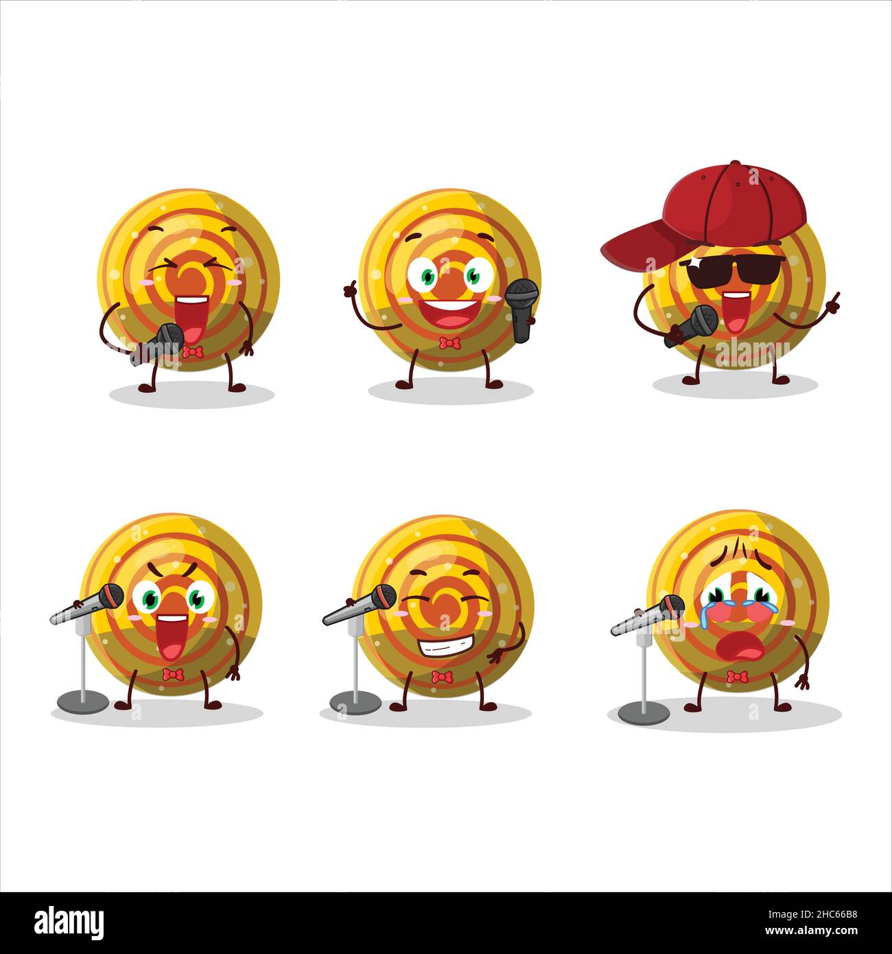 A Cute Cartoon design concept of yellow spiral gummy candy singing a ...