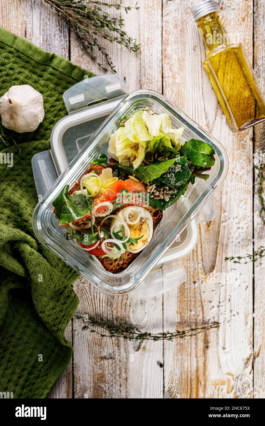 Delicious and healthy lunch with salmon fish fillet in a glass lunch ...