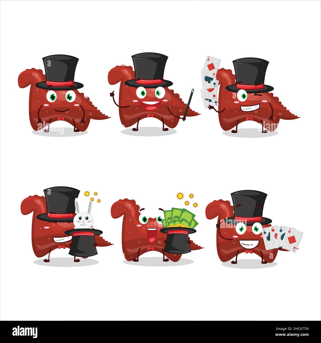 A red dinosaur gummy candy Magician cartoon character perform on a ...