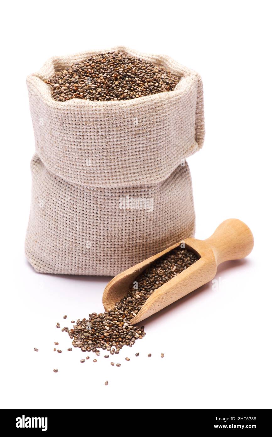 pouch full of Organic natural chia seeds isolated on white background ...