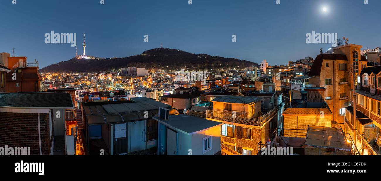 Itaewon district and Namsan Tower at night in Yongsan, Seoul, South ...