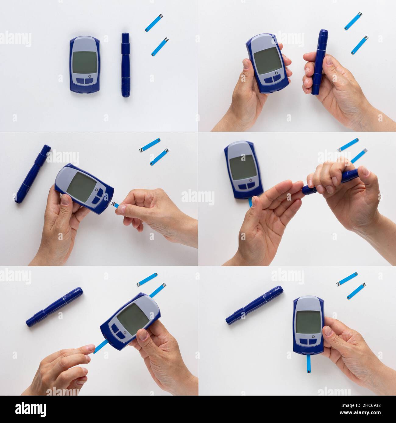 Collage of pictures showing process using glucometer: glucose meter ...