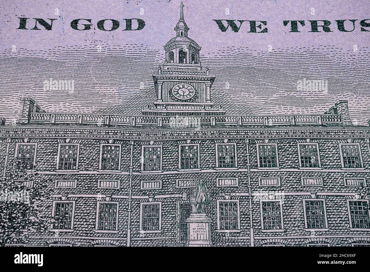 Shot of the vignette of Independence Hall on the back of the $100 US ...