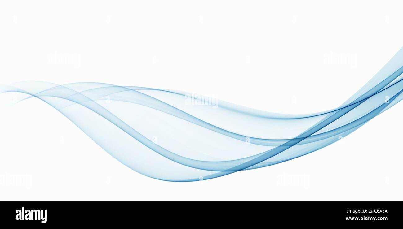 Blue transparent stream of abstract wave of smoke or liquid on a white ...