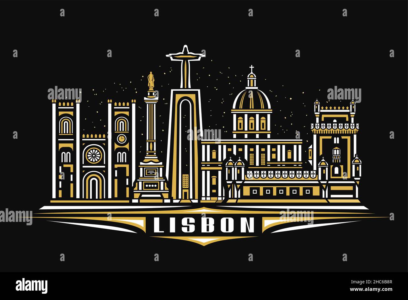 Vector illustration of Lisbon, dark horizontal poster with linear ...