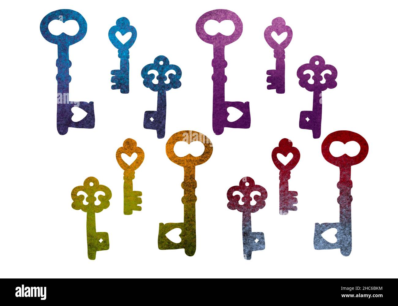 Coloured set with keys for packaging and cards and posters and postcard ...