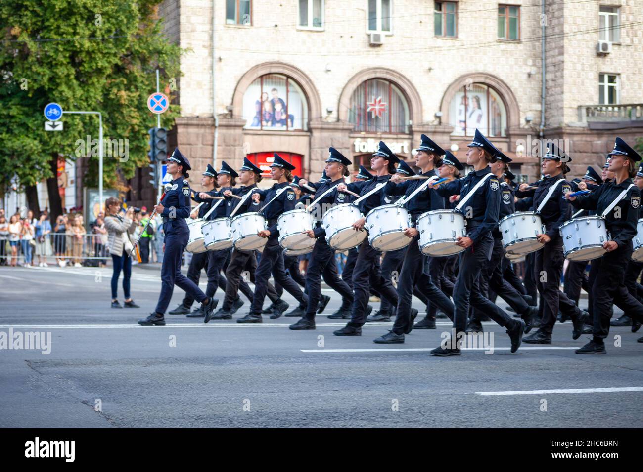 Ukraine, Kyiv - August 18, 2021: Female military orchestra of drummers ...