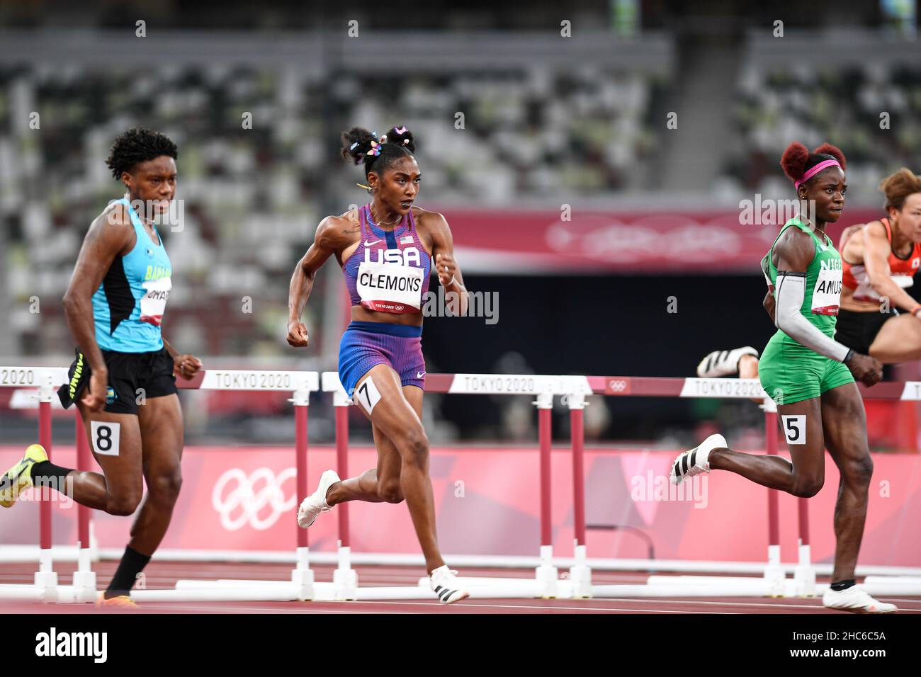 Christina Clemons running in the final of the 100 meter hurdles at the ...
