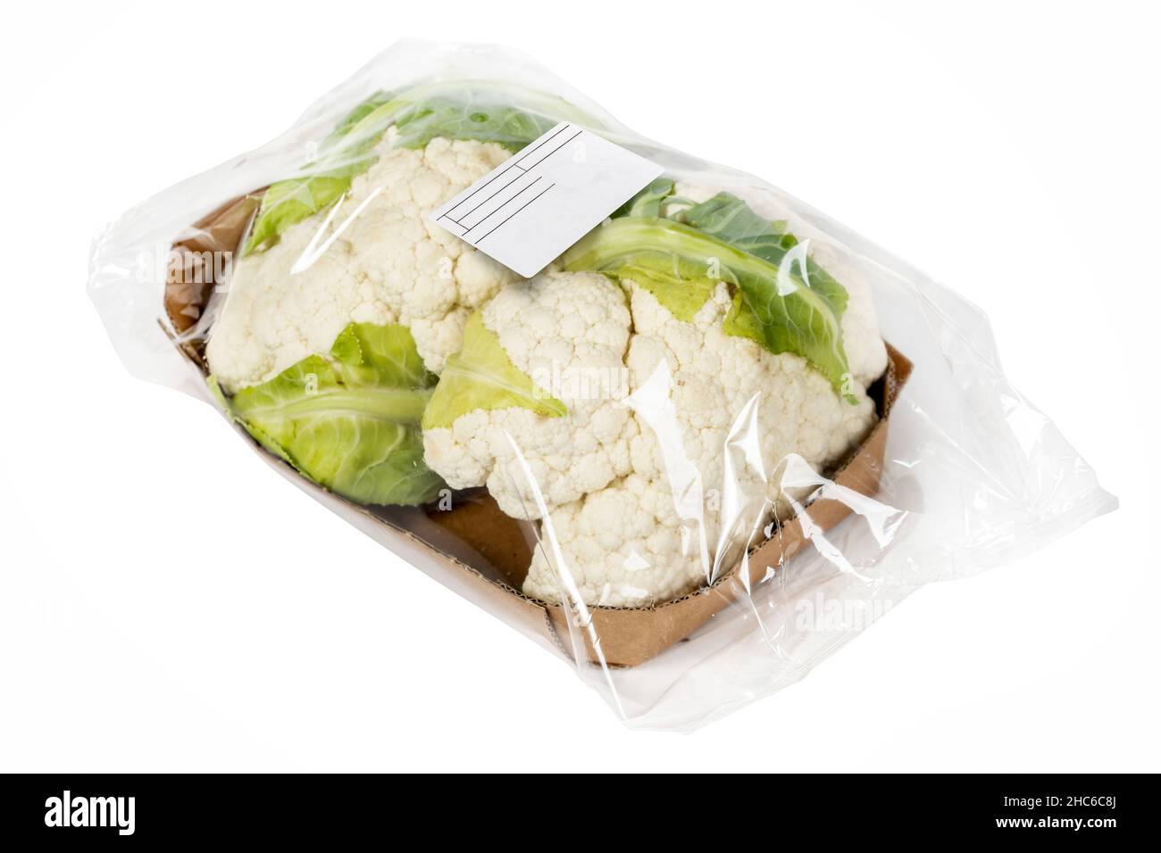 Packaged and labeled cauliflower on an isolated white background Stock ...